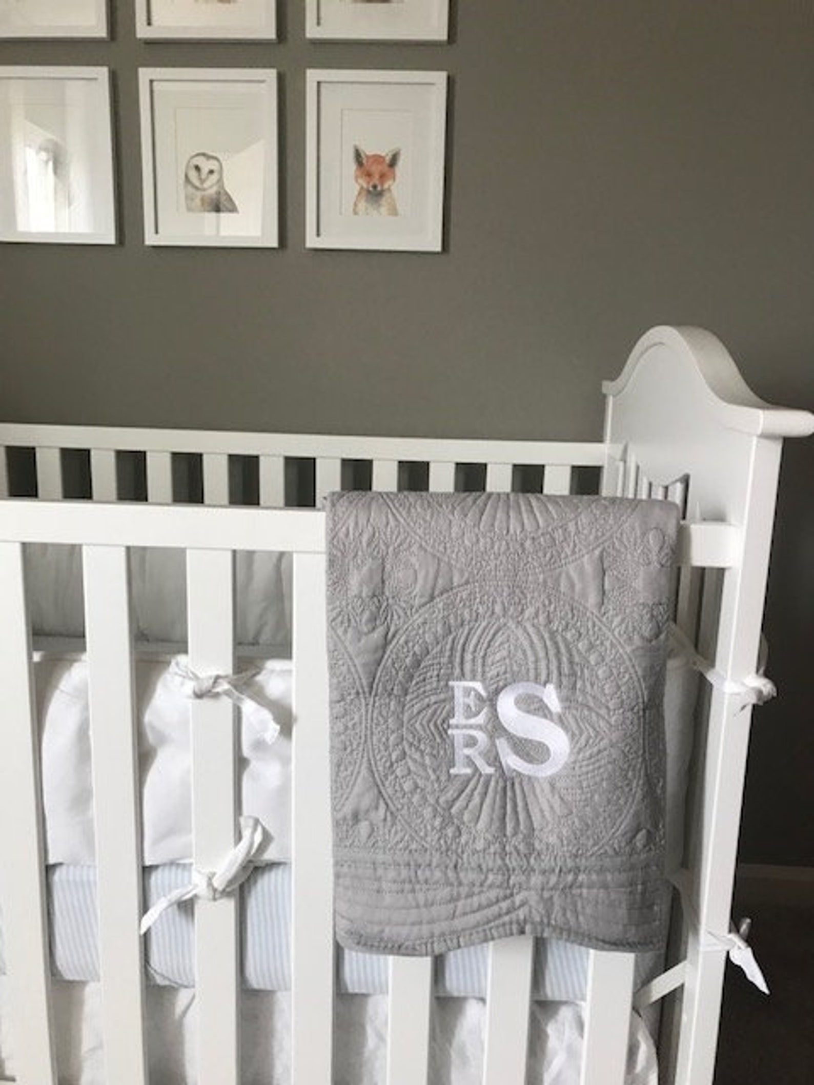 Monogrammed Baby Quilt Gray, Quilted Heirloom Baby Quilt, Gray Baby ...