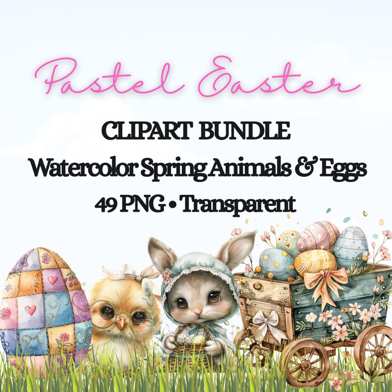 Pastel Easter Clipart Bundle, Watercolor Spring Animals & Eggs, 49 PNG ...