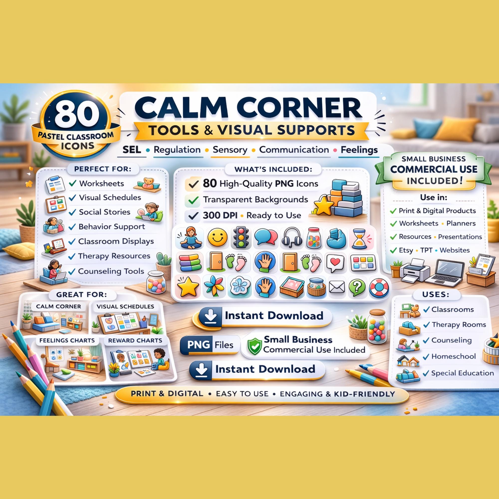 80 Calm Corner Clipart PNG Bundle, Emotional Regulation Icons, SEL ...