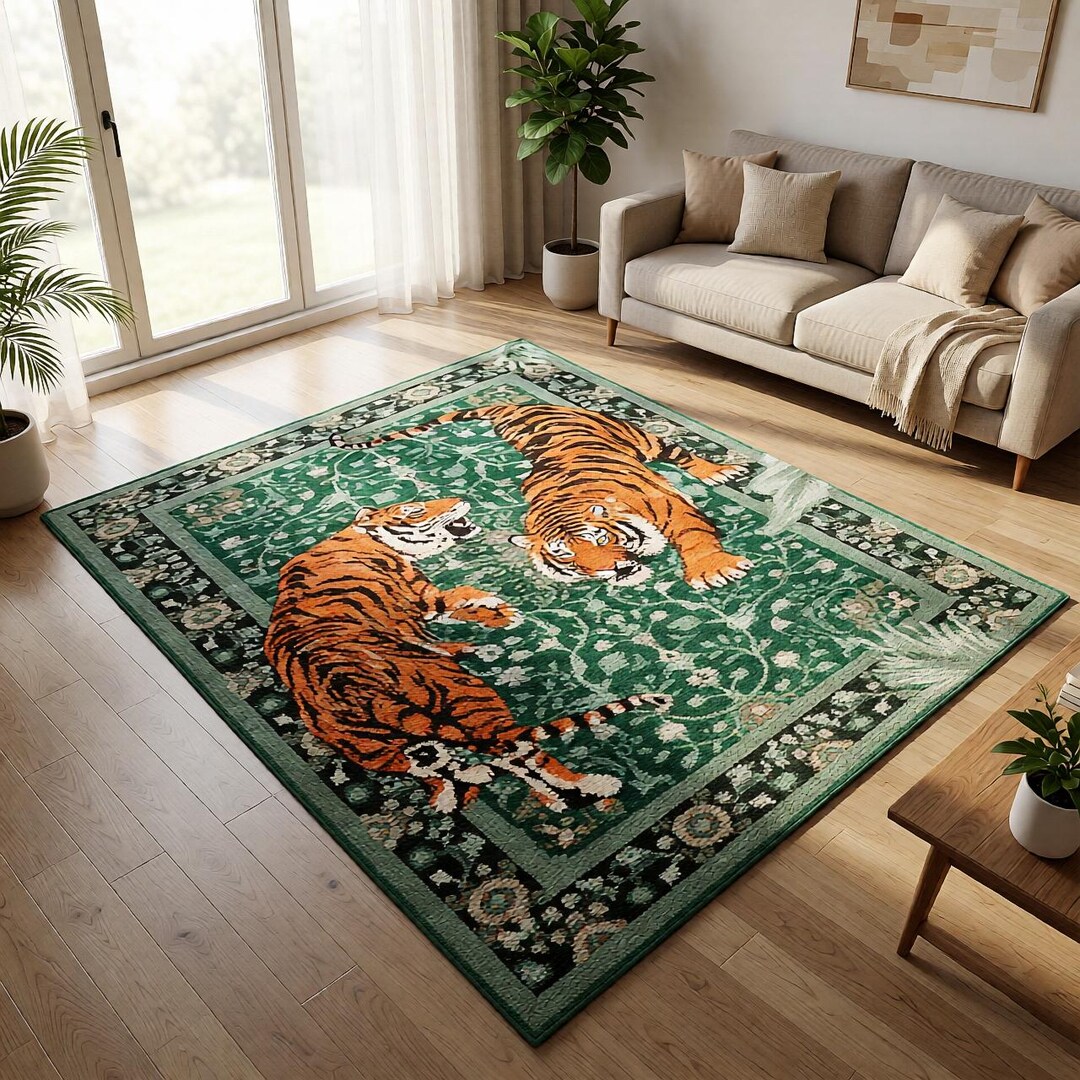 Tiger Print Area Rug: Green Boho Jungle Style, Non-slip - Etsy