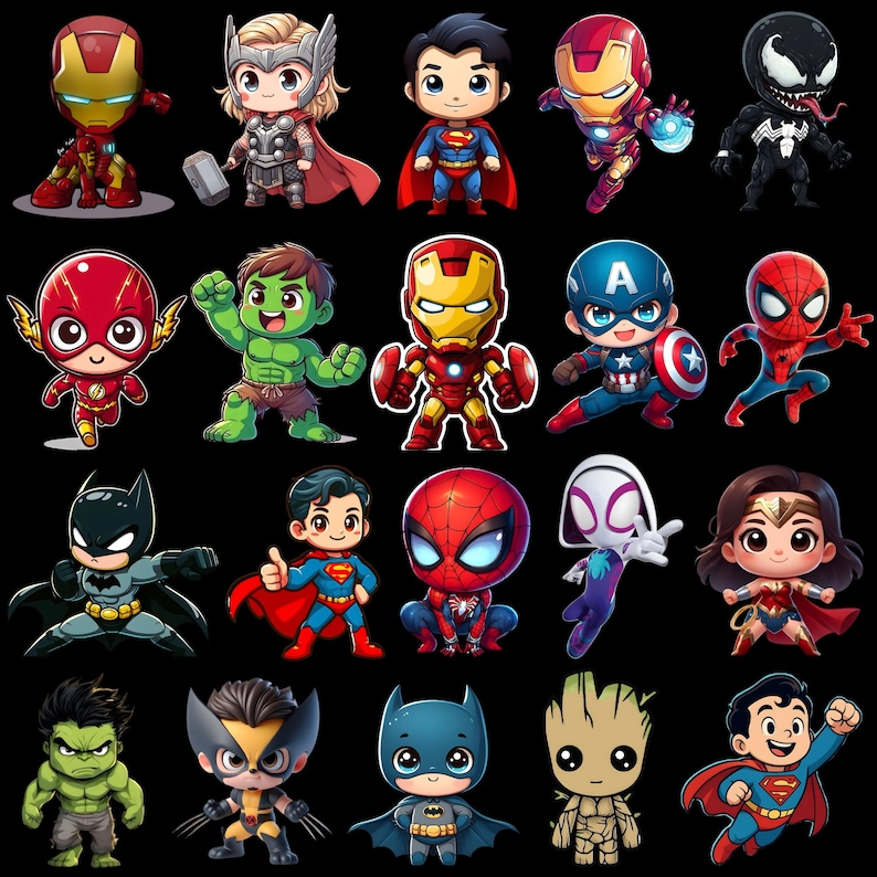 Chibi Superhero Clipart Bundle PNG, Superhero Characters, Superhero ...