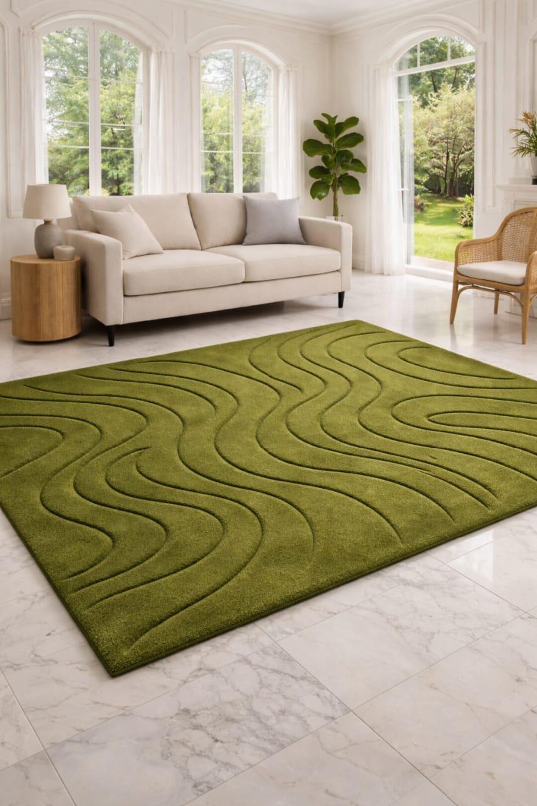 Modern Green Hand Tufted Wool Rug – Contemporary Wave Design Area Rug ...