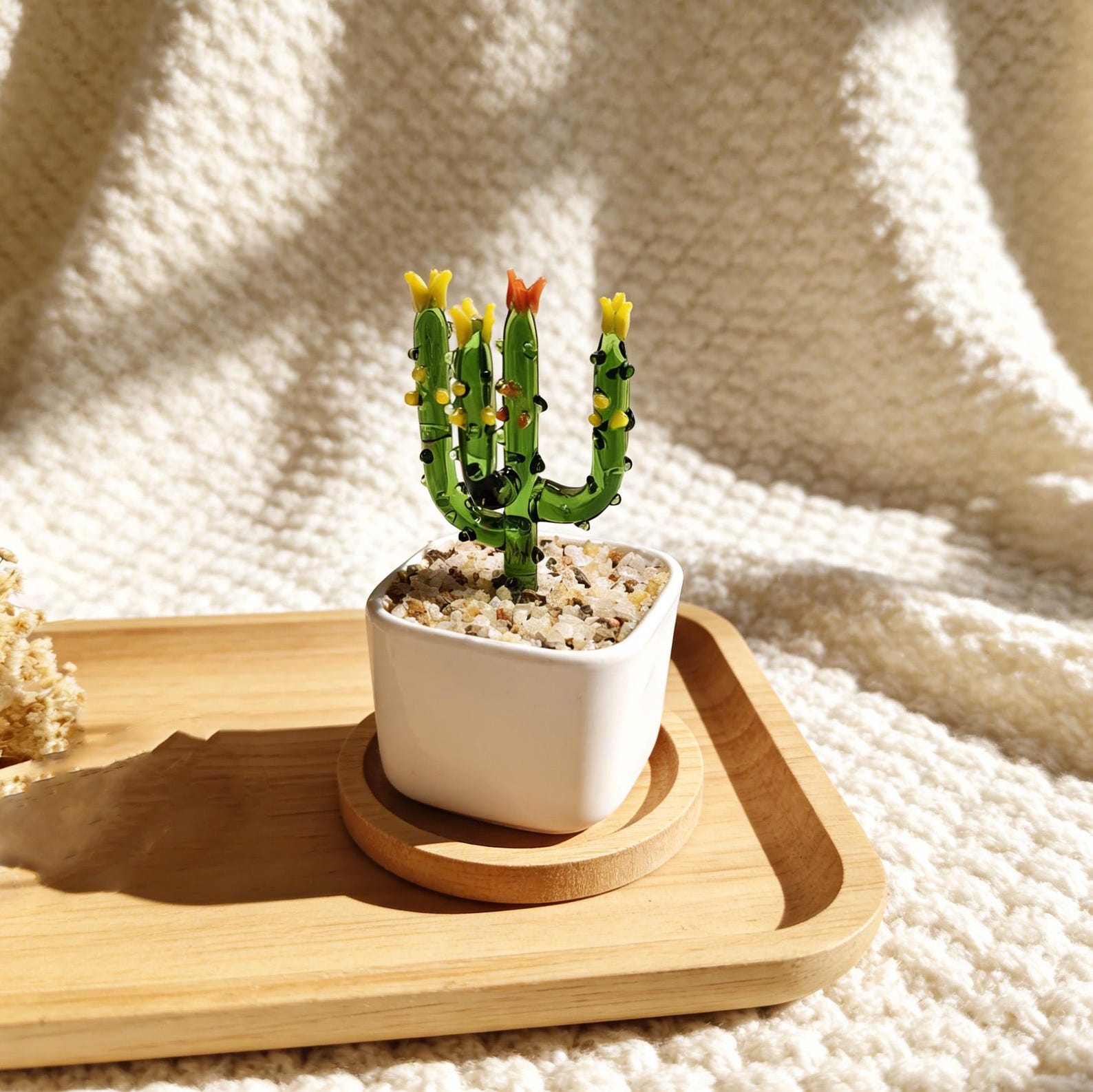 Hand Blown Glass Potted Cactus Plant, Stained Glass Desk Decor Ornament ...