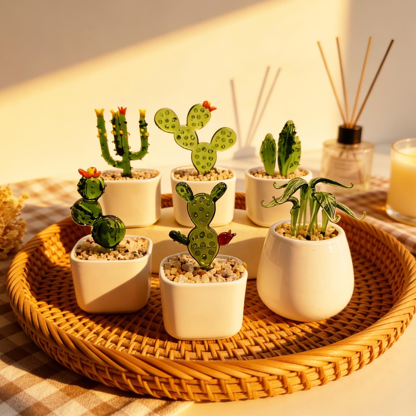 Hand Blown Glass Potted Cactus Plant, Stained Glass Desk Decor Ornament ...