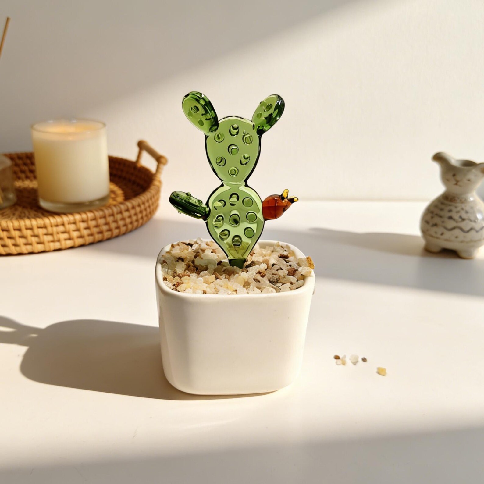 Hand Blown Glass Potted Cactus Plant, Stained Glass Desk Decor Ornament ...