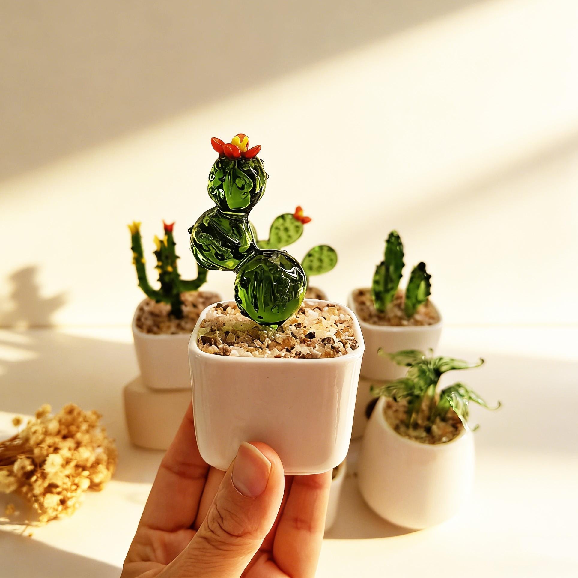 Hand Blown Glass Potted Cactus Plant, Stained Glass Desk Decor Ornament ...