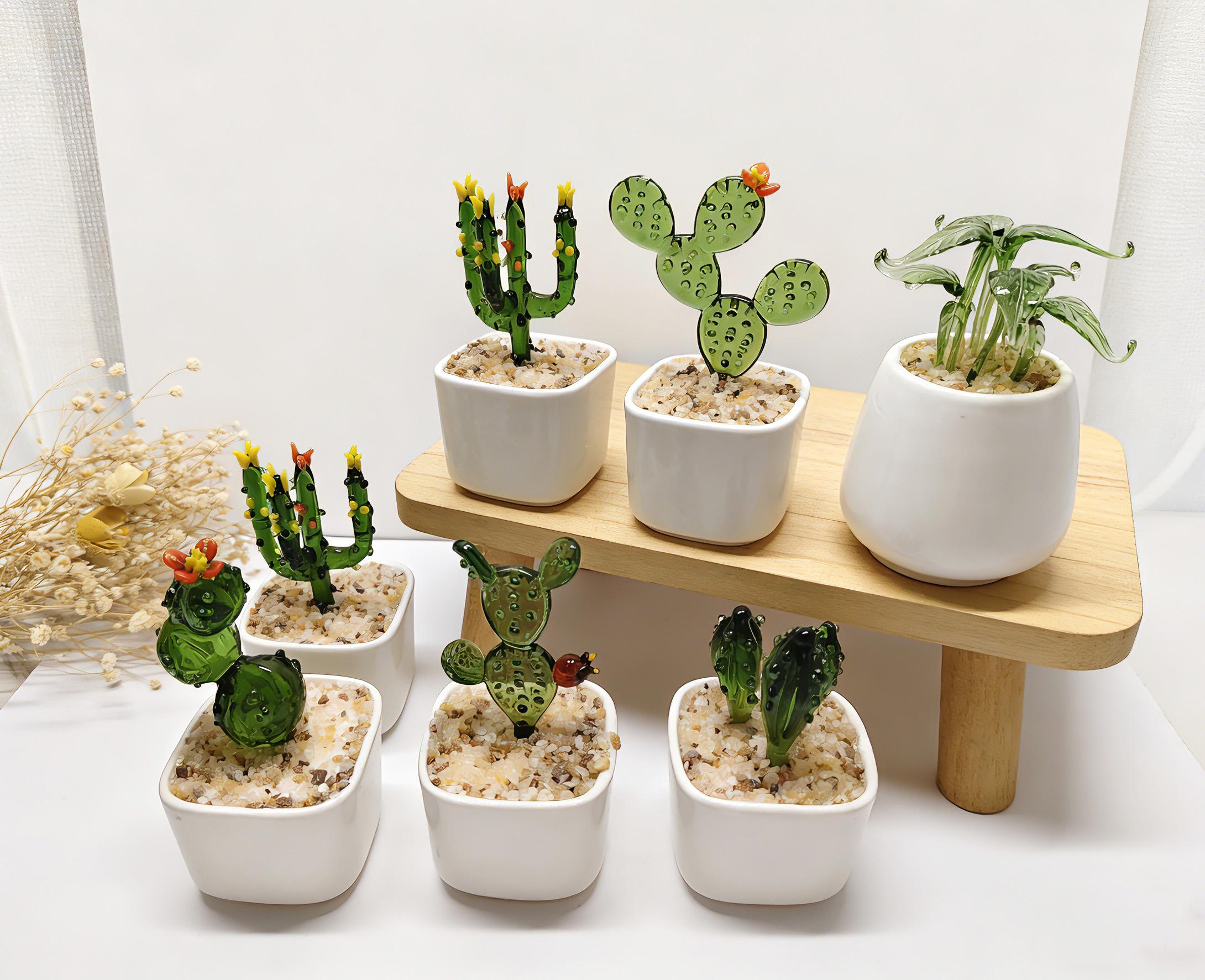 Hand Blown Glass Potted Cactus Plant, Stained Glass Desk Decor Ornament ...