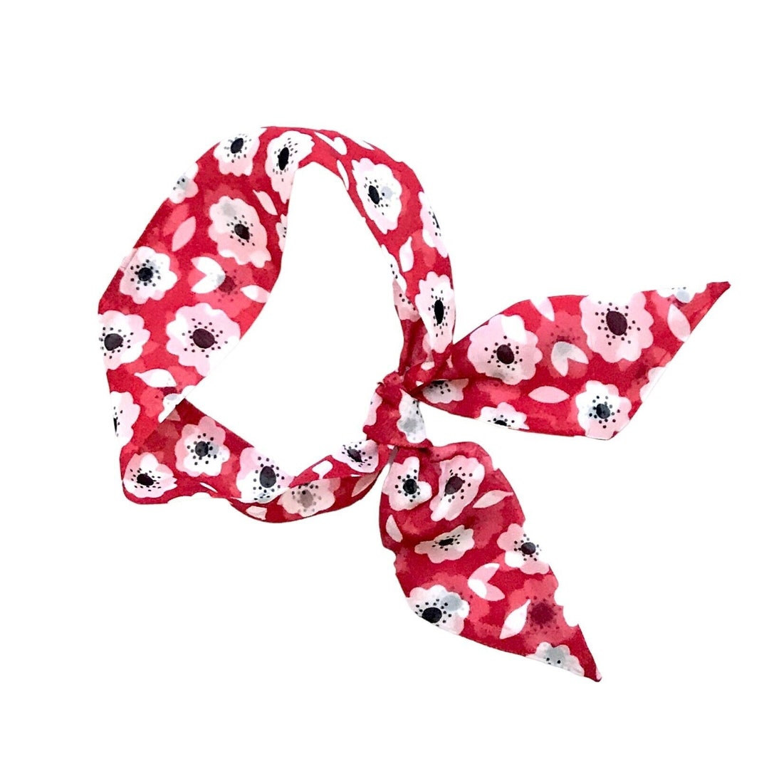 Red Floral Skinny Hair Scarf – Lightweight Chiffon Ribbon Wrap for ...
