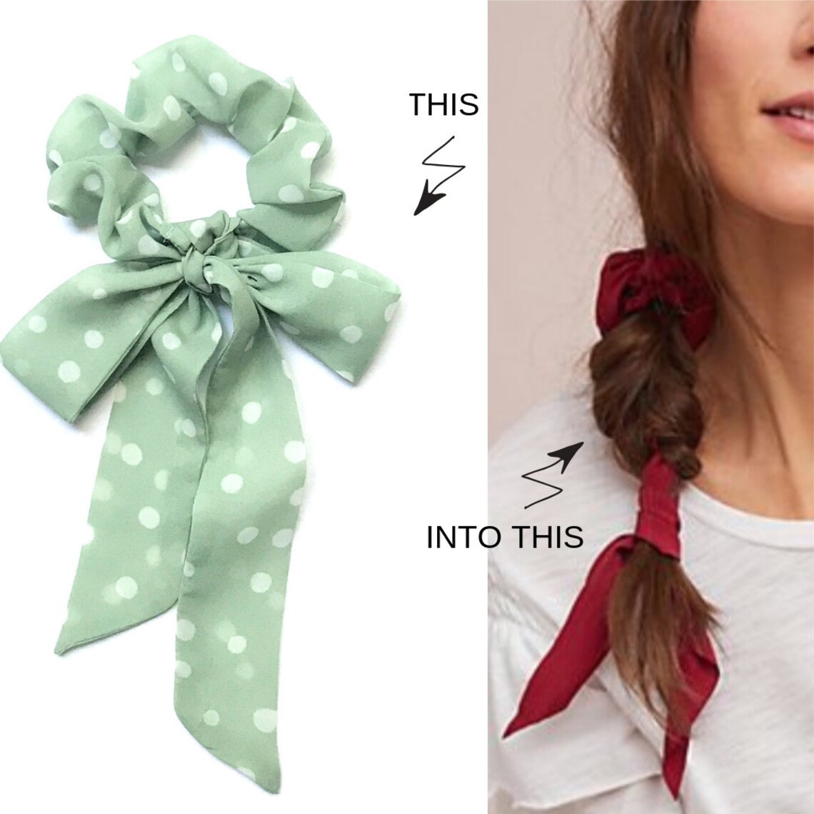 Scarf Scrunchie With Tail for Bun Braid or Ponytail. Green - Etsy