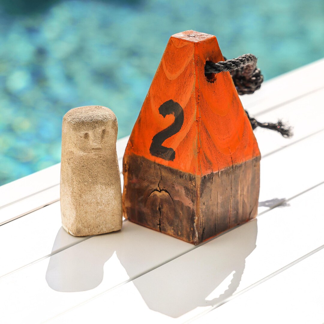 Orange Wood Buoy and Easter Island Guy Beach Decor by SEASTYLE - Etsy