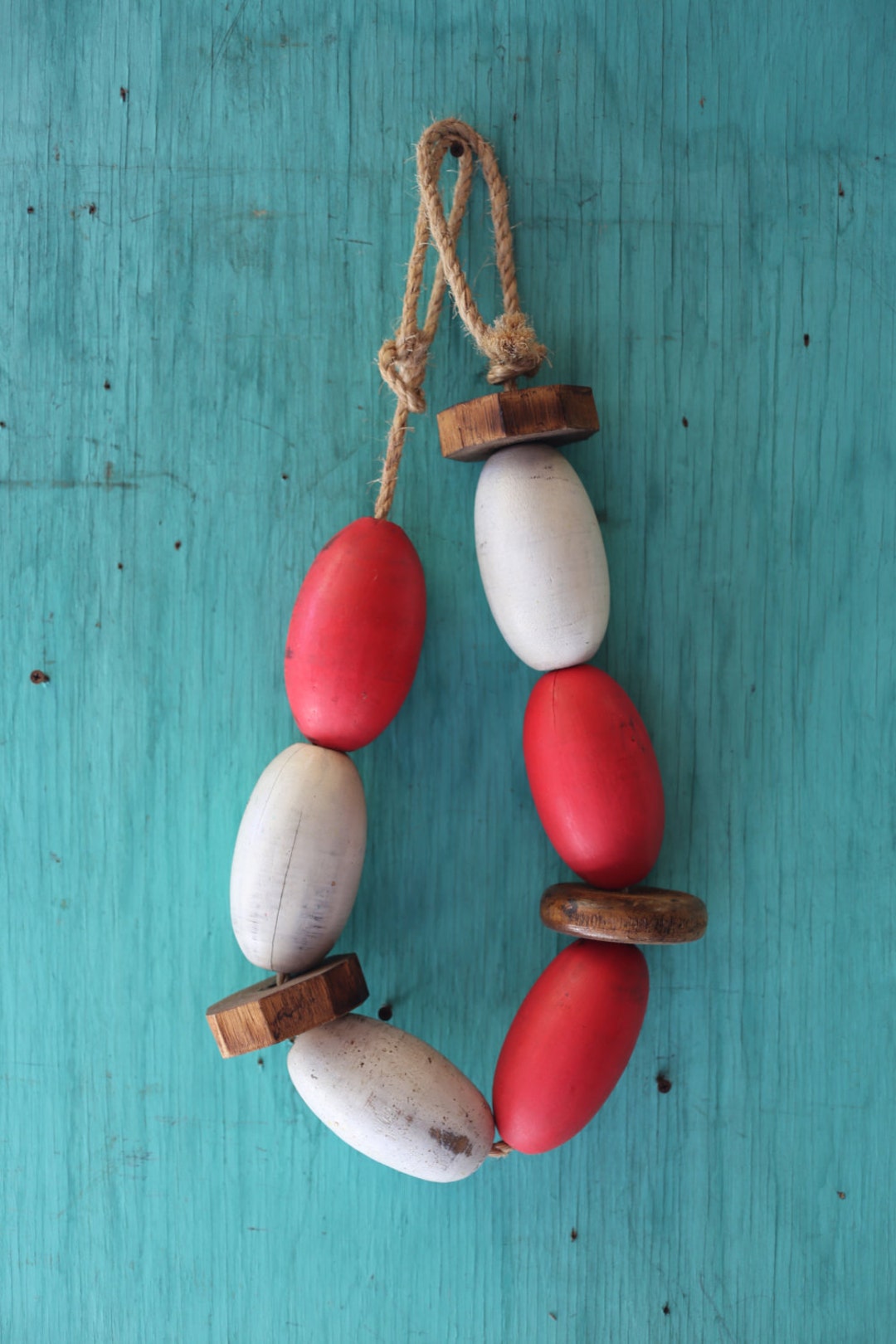 Wooden Net Floats Vintage Red, White, Lobster Buoy Nautical Beach Decor ...