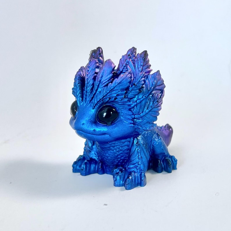Handmade Baby Sitting Dragon Resin Figurine • Metallic Blue/purple ...