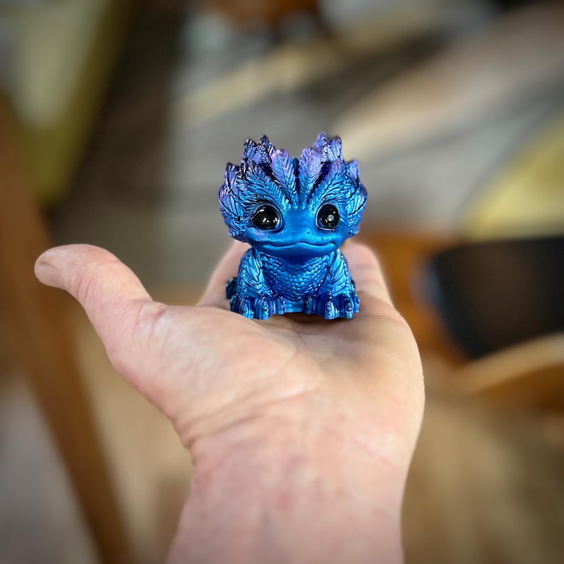 Handmade Baby Sitting Dragon Resin Figurine • Metallic Blue/purple ...