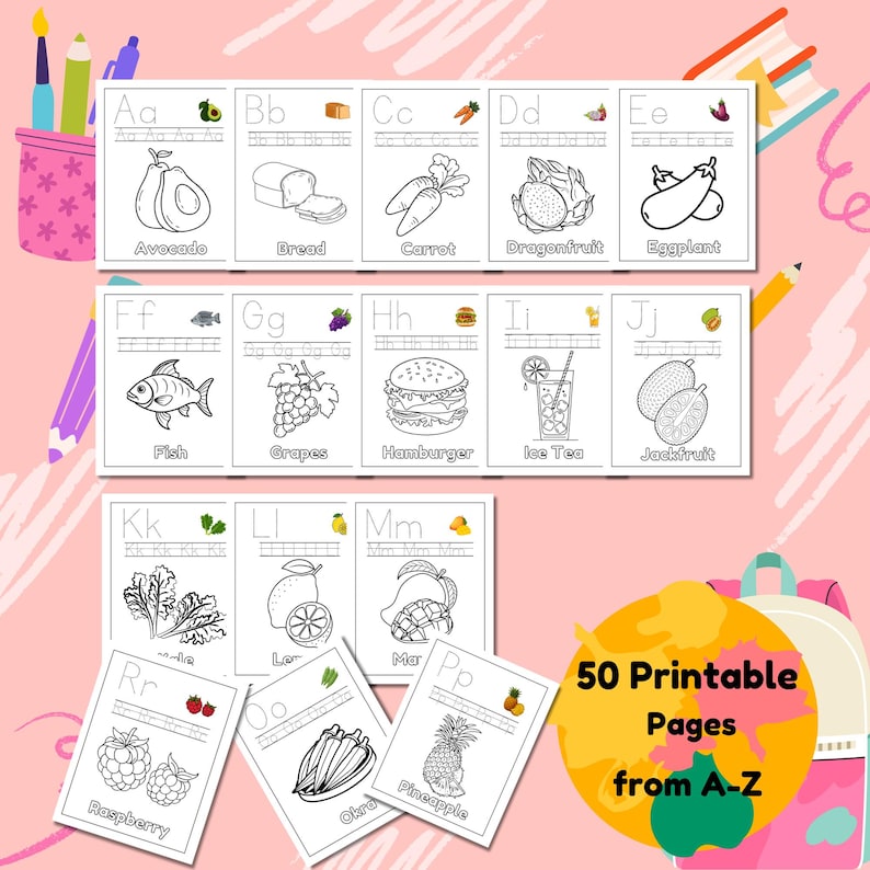 Buy Printable A–Z Fruits & Vegetables Alphabet Tracing and Coloring ...