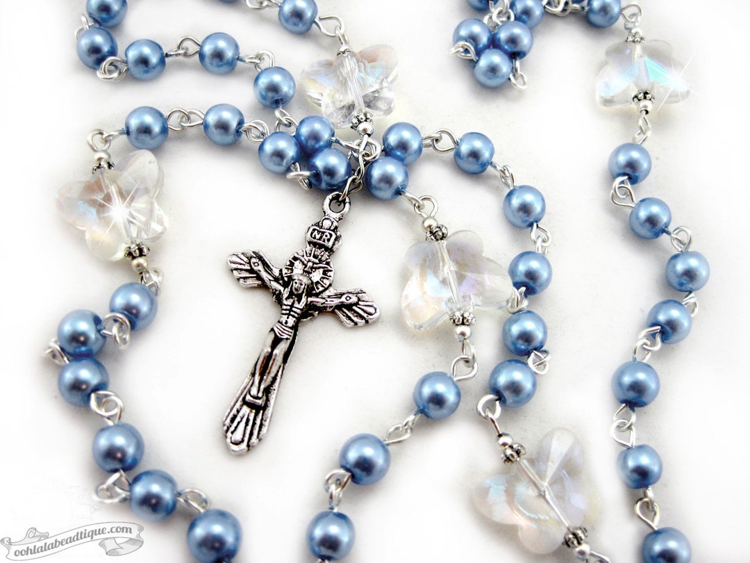 Butterfly Rosary Blue Pearl Rosary Communion Rosaries Confirmation ...