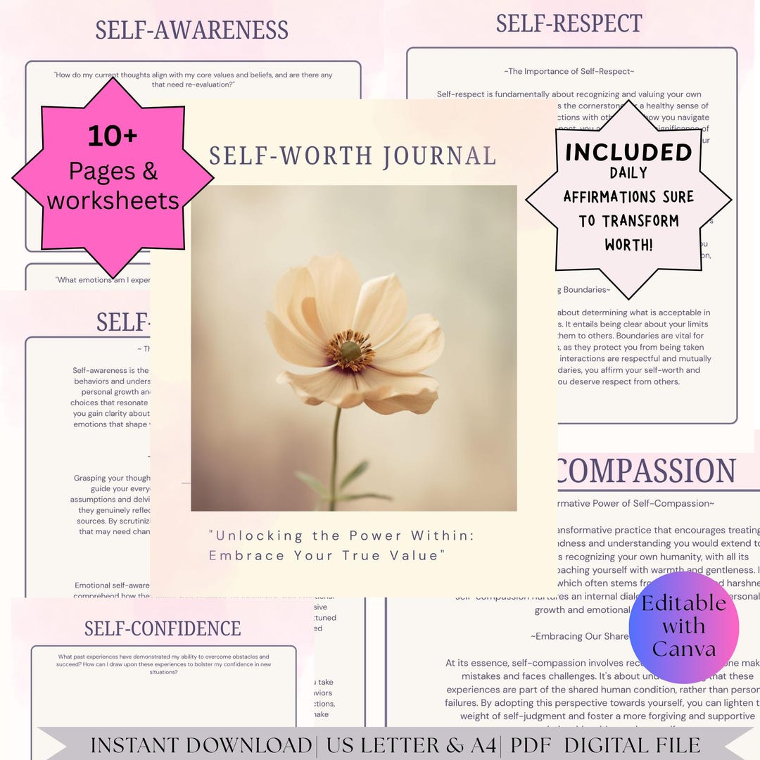 Self-worth Journal, Self-care Worksheet Bundle, Self-confidence, Self ...