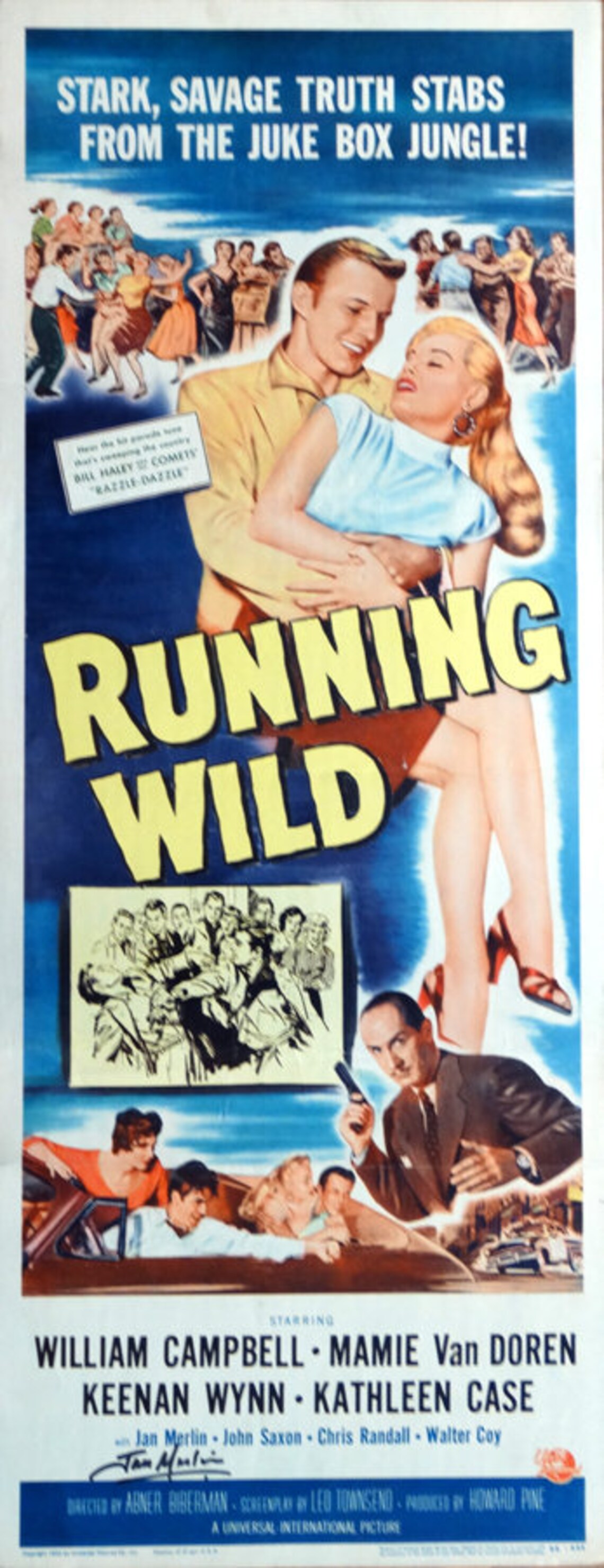 Running Wild. 1955 Original 14"x36" US Insert Autographed Movie Poster. Jan Merlin, Mamie Van ...