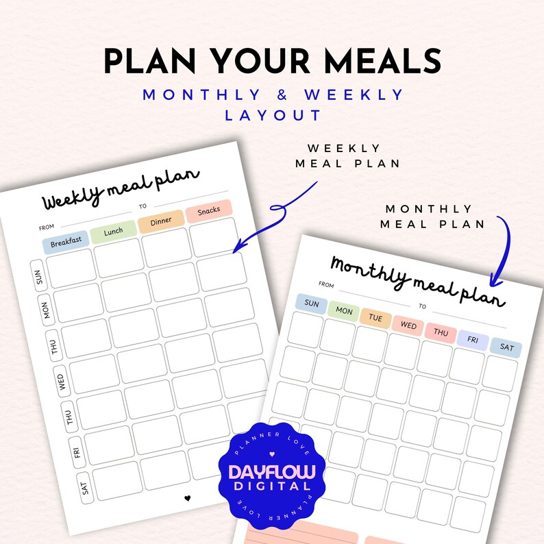 Colorful Meal Planner Printable, Weekly & Monthly Organizer Digital PDF ...