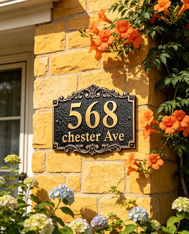 Ornate Black & Gold Address Plaque, Vintage Baroque Bronze House Number ...
