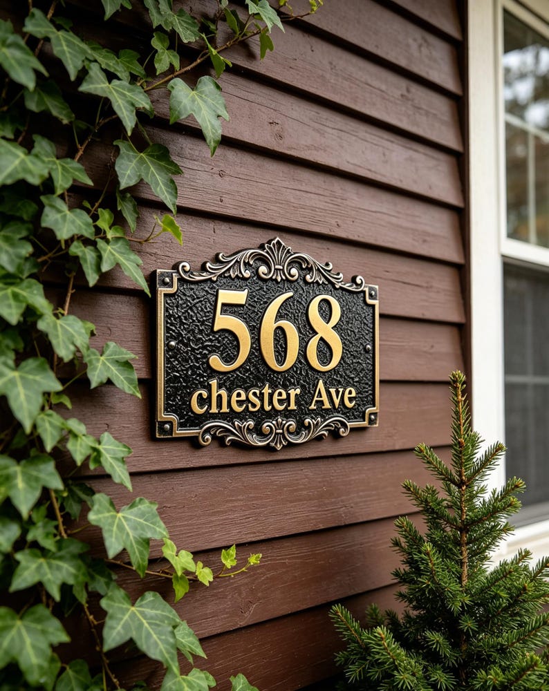 Ornate Black & Gold Address Plaque, Vintage Baroque Bronze House Number ...