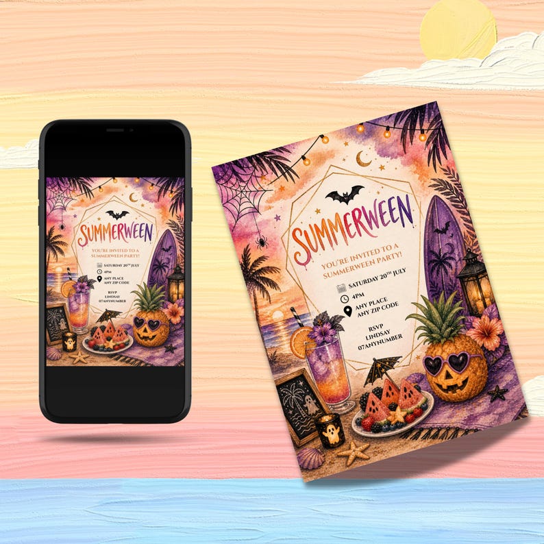 Summerween Party Invitation, Canva Editable Template, Spooky Halloween ...
