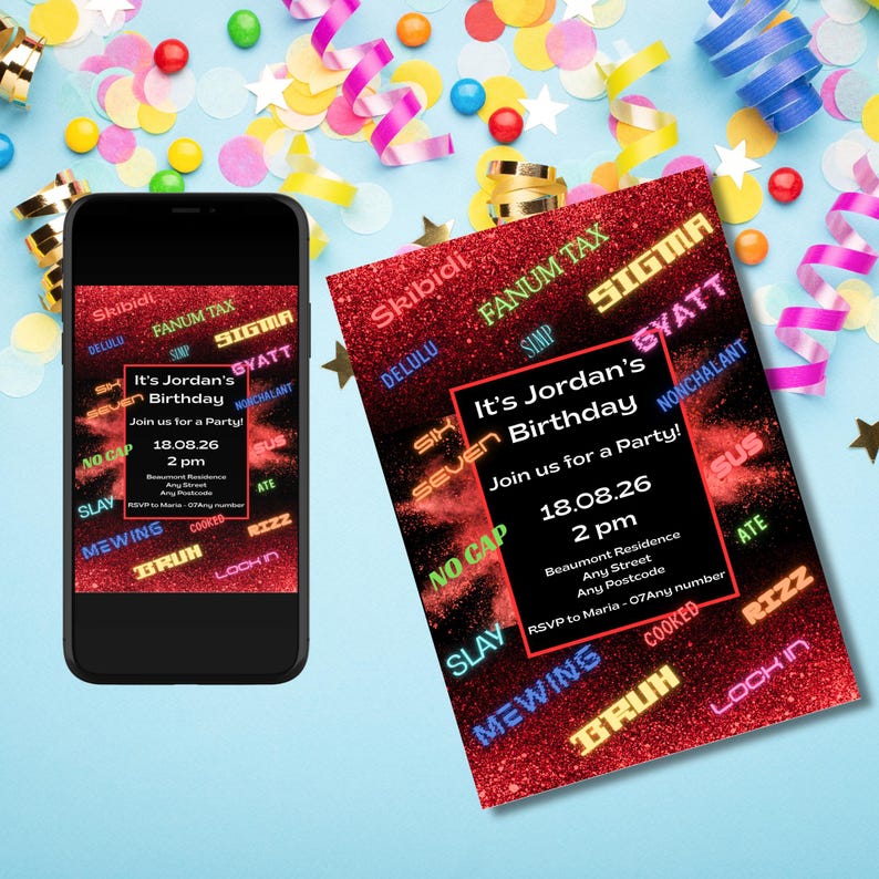 Gen Alpha Slang Birthday Party Invitation Template | Skibidi Rizz Sigma ...