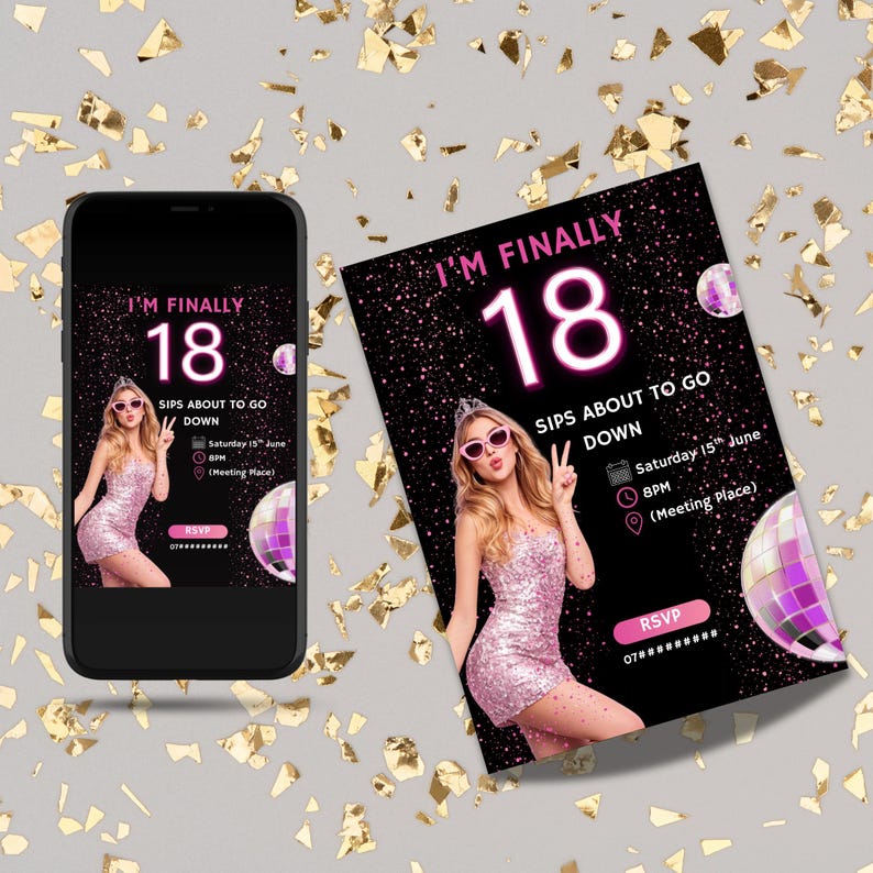 Glitter 18th Birthday Invitation, Pink Glitter Disco Ball, Canva ...