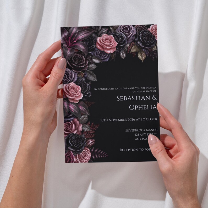 Gothic Black Wedding Invitation Suite, Editable Canva Template, Dark ...