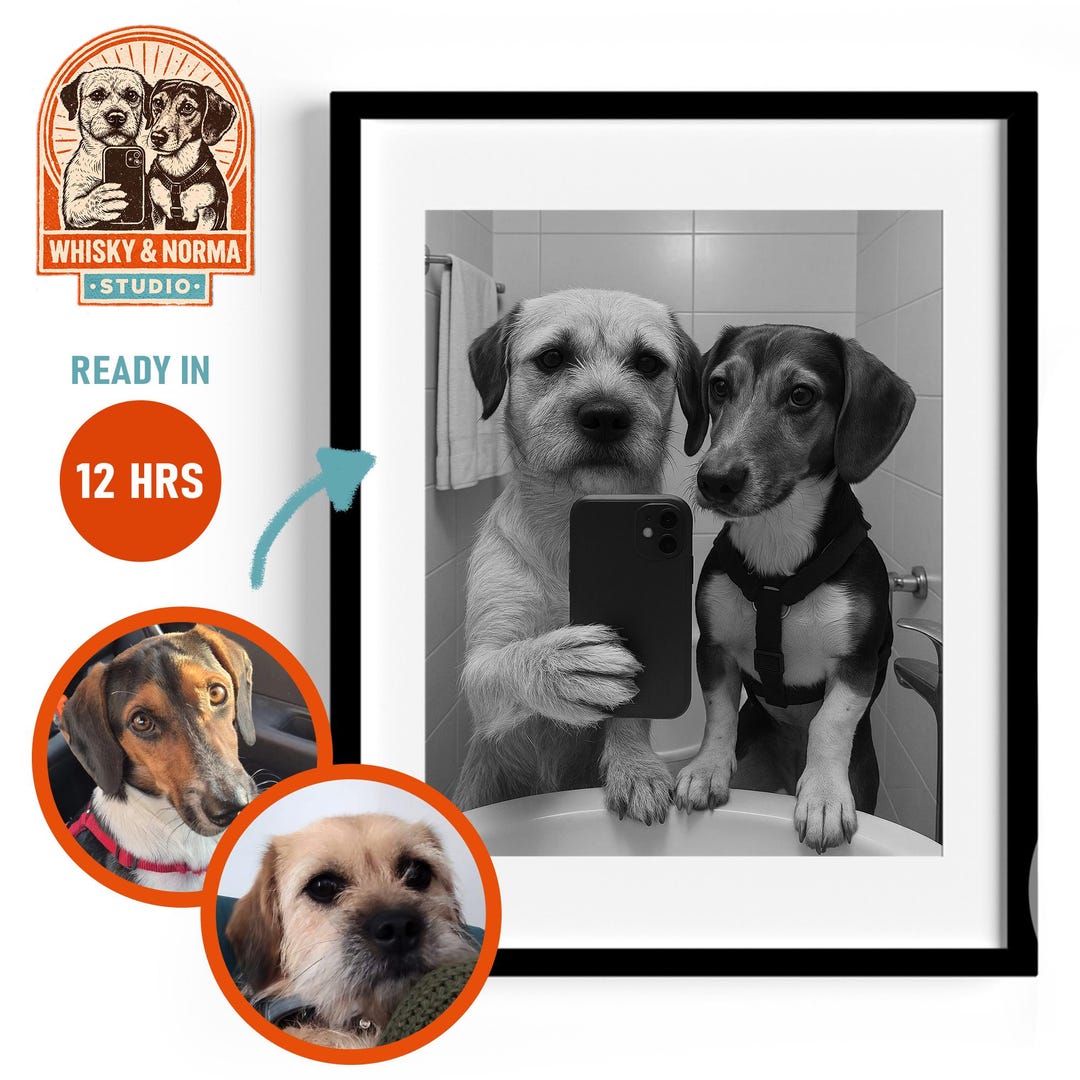 Vintage Style Double Dog Portrait, Funny Selfie Bathroom Art (digital ...