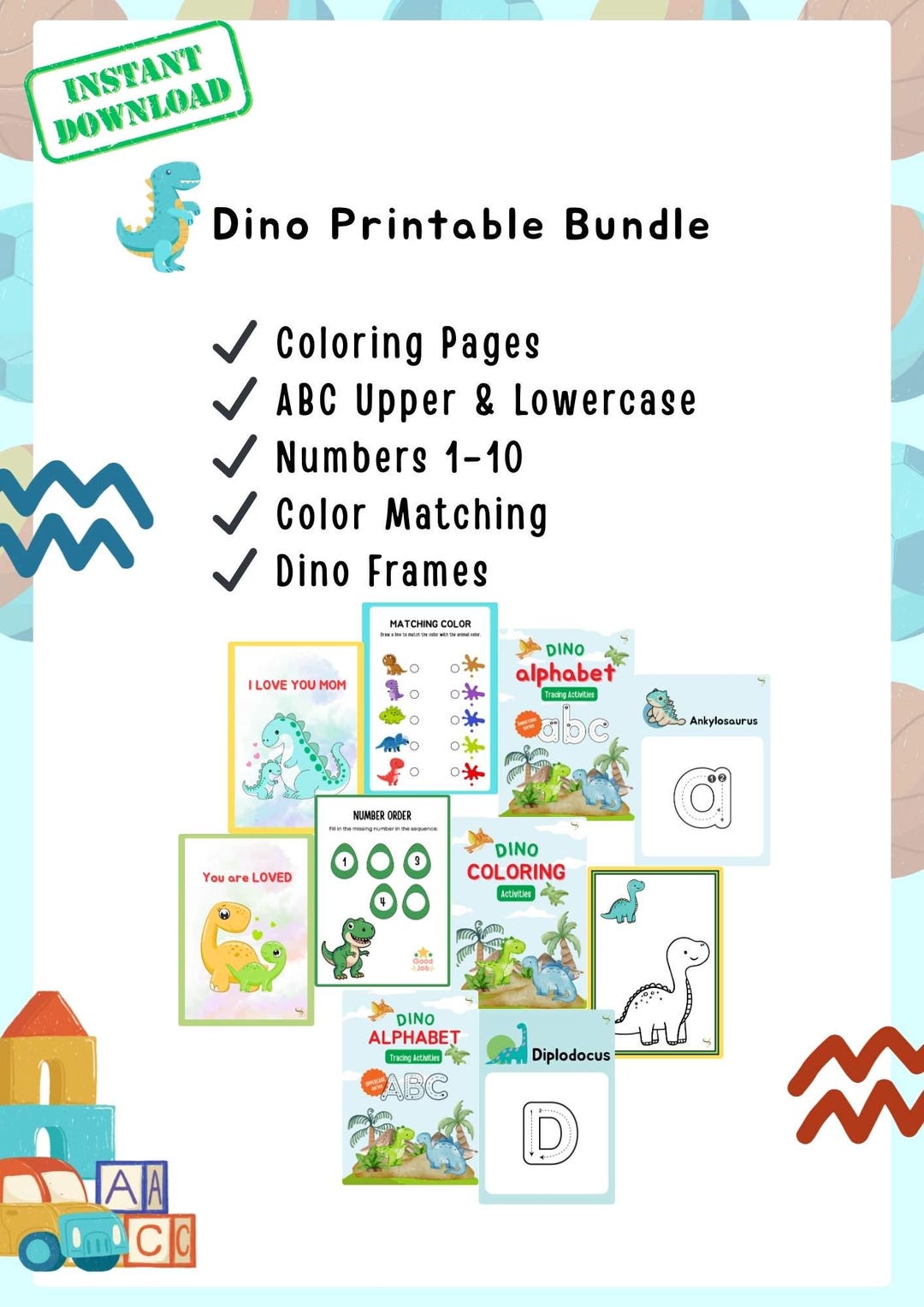 Dinosaur Bundle Printable | ABC, Numbers, Coloring Pages, Dino Wall ...