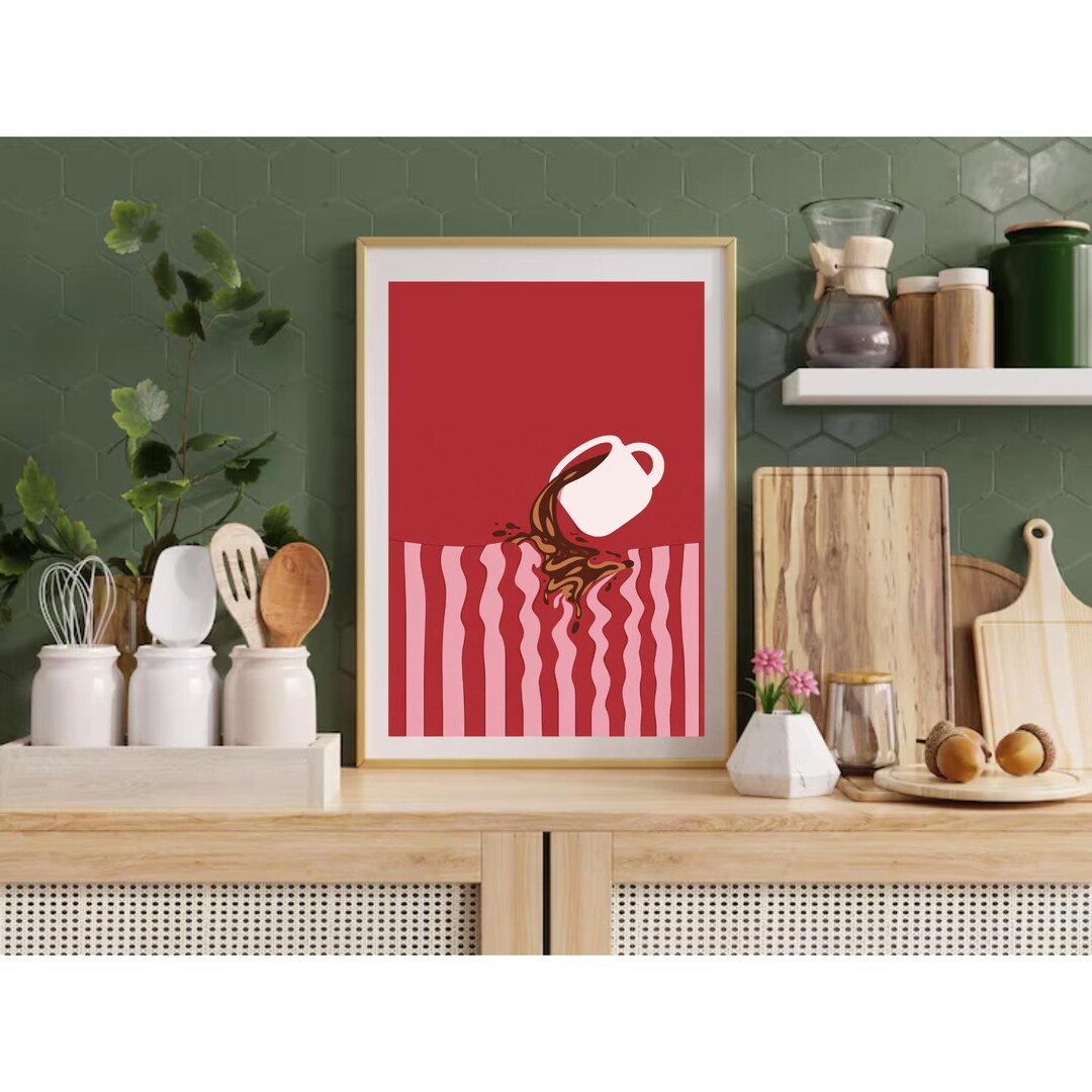 Spilled Coffee Poster | Rolled Art Print, Red Striped Abstract Coffee ...