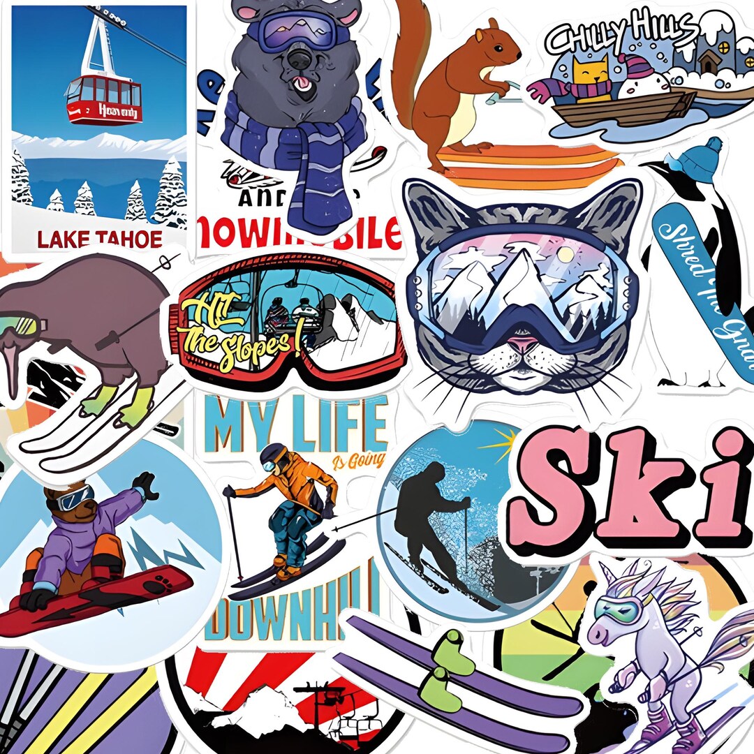 50 Ski & Snowboard Stickers, Winter Sports Doodle Decals for Goggles ...