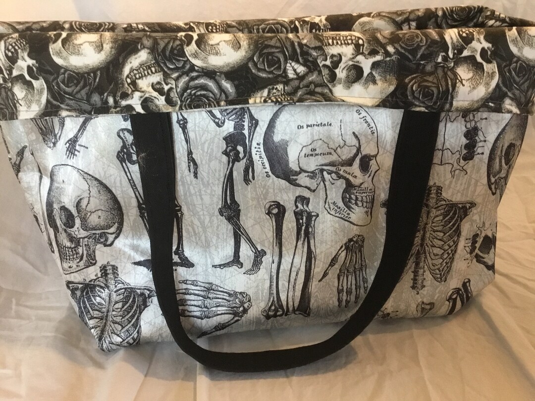 Reusable Reversible Large Shopping Satin Tote Bag, Skeletons, Bones and ...