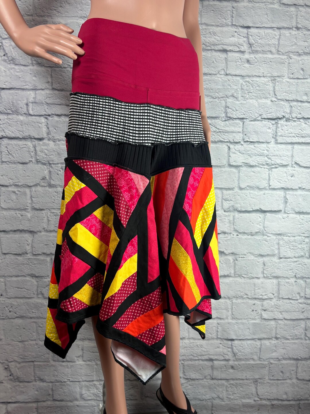 Upcycled Asymmetrical Patchwork Skirt Red Yoga Spandex Waistband Quilt ...