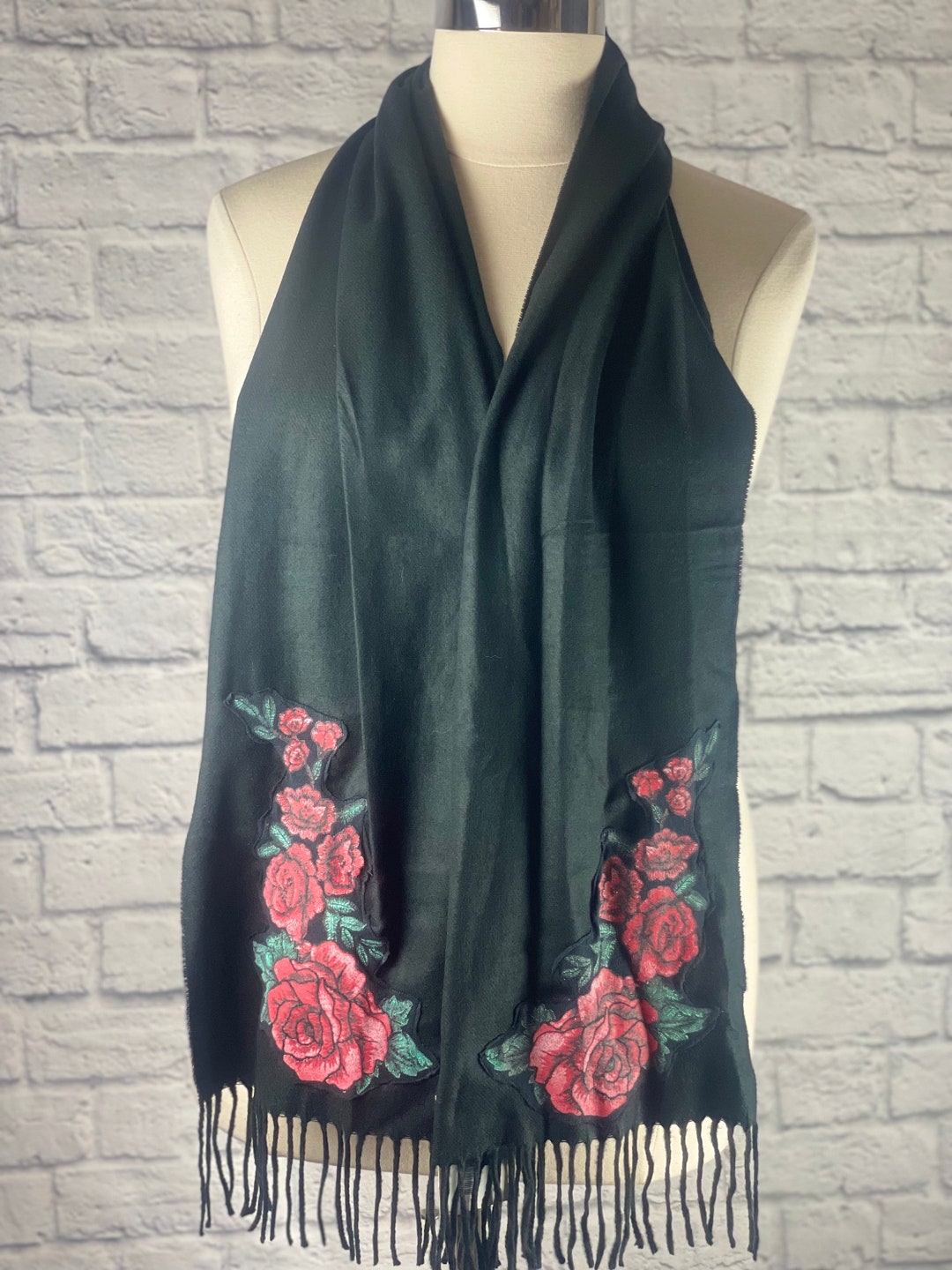 Upcycled Black W Red Roses Scarf Patchwork Cashmere Feel Fringe Scarf W ...