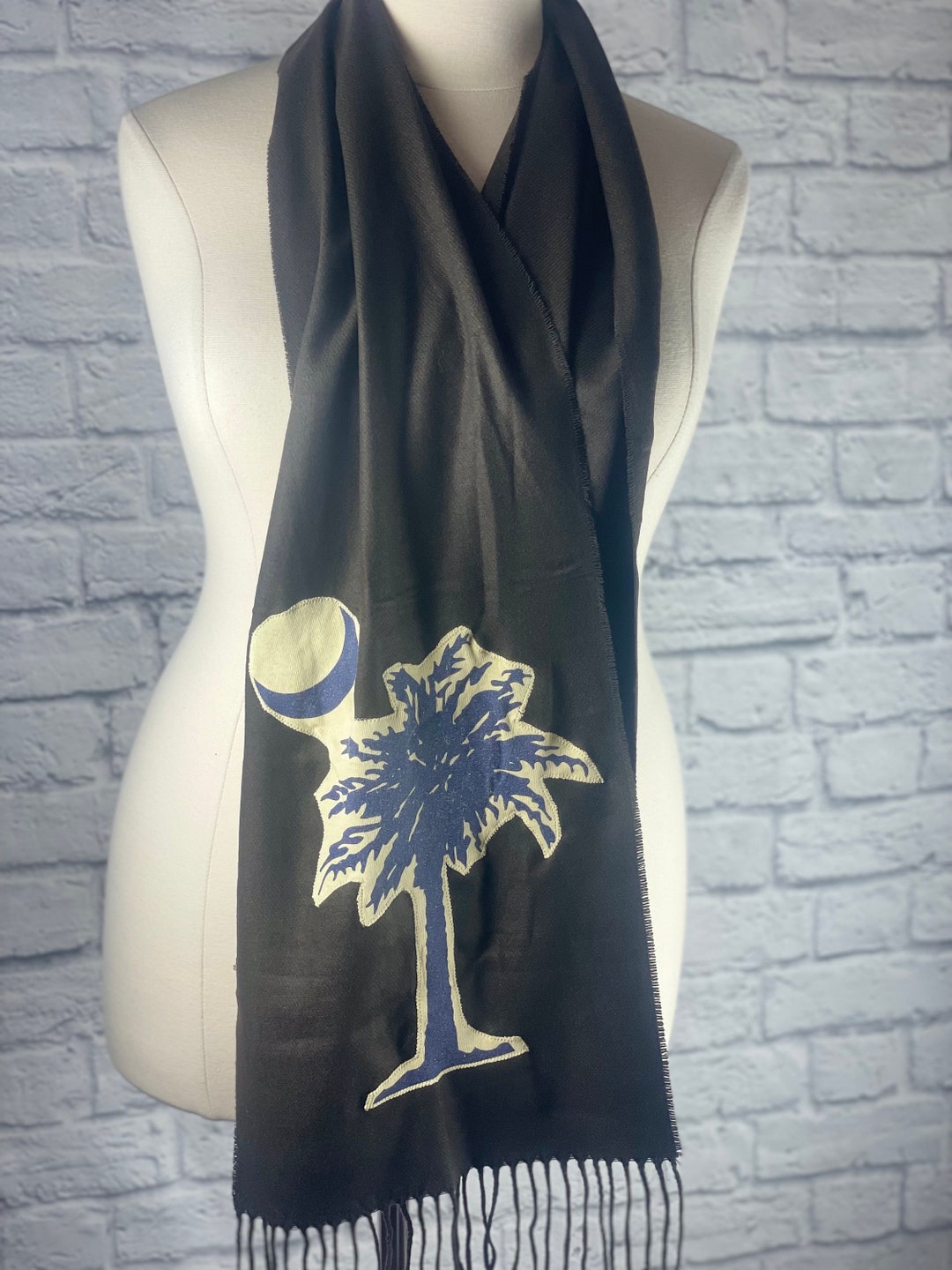 Upcycled Palm Tree SC Scarf Patchwork Cashmere Feel Fringe Scarf W Sewn ...