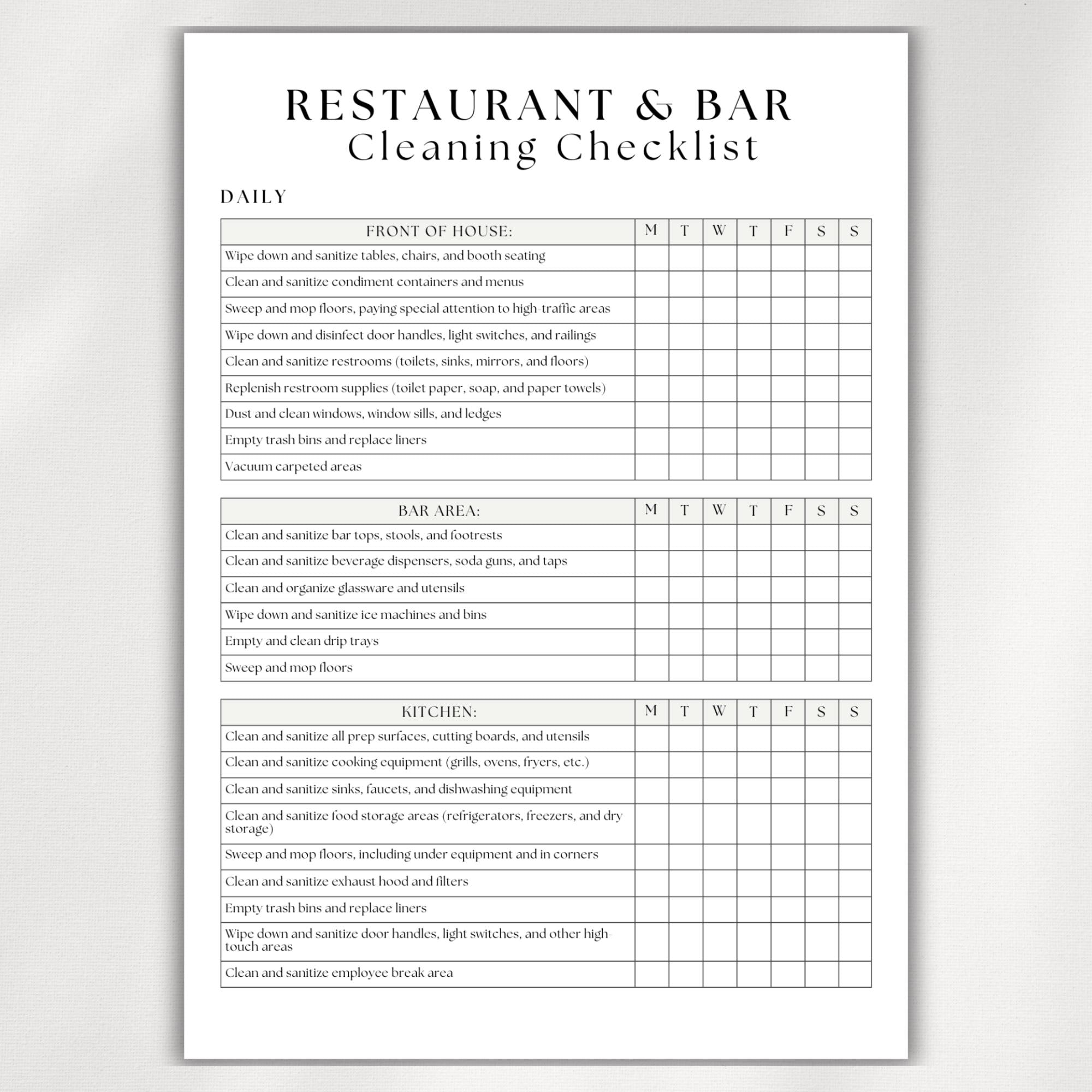 Restaurant Cleaning Checklist Digital Download Printable Template Staff ...