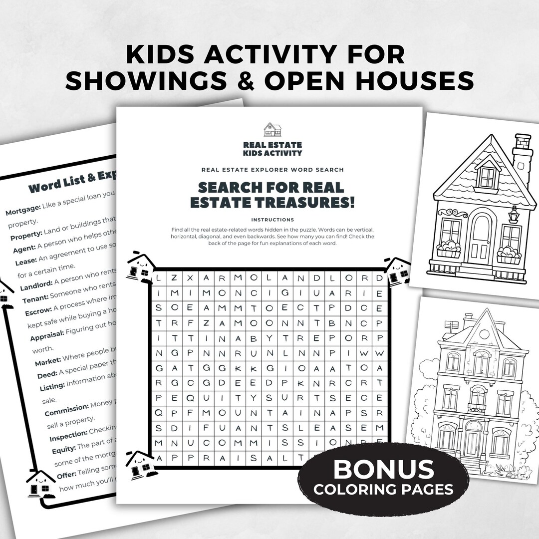 Real Estate Activity Pack Printable Property Puzzle Word Search Kid ...