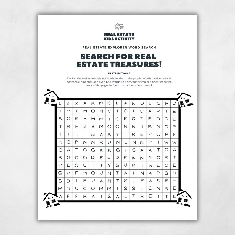 Real Estate Activity Pack Printable Property Puzzle Word Search Kid ...