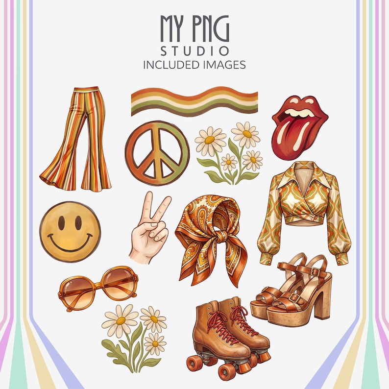 70s Nostalgia PNG Bundle, Retro Clipart Pack, Vintage Hippie Graphics ...