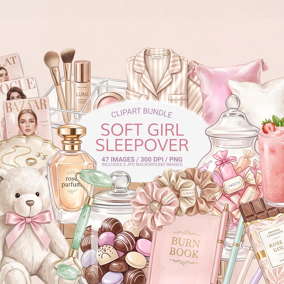 Sleepover Clipart Bundle PNG, Soft Girl Pink Beauty, Coquette Slumber ...