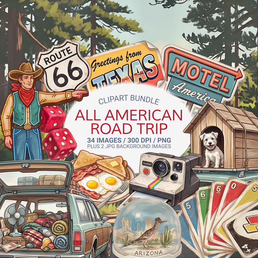 Vintage Road Trip Clipart Bundle PNG, Retro Americana Graphics, Route ...