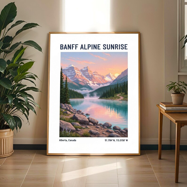 Banff Alpine Sunrise Art Print – Landscape, Pink Sunset, Mountain Lake ...