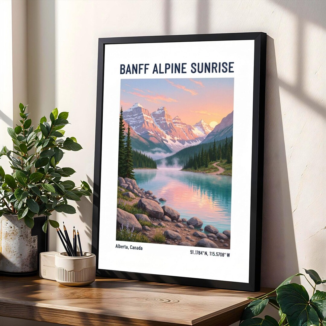 Banff Alpine Sunrise Art Print – Landscape, Pink Sunset, Mountain Lake ...