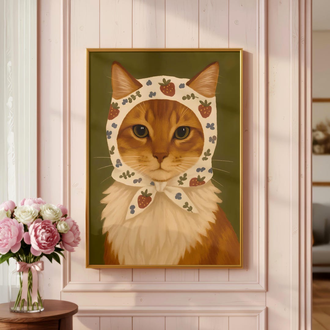 Orange Tabby Cat Wall Art Print, Strawberry Scarf Illustration ...