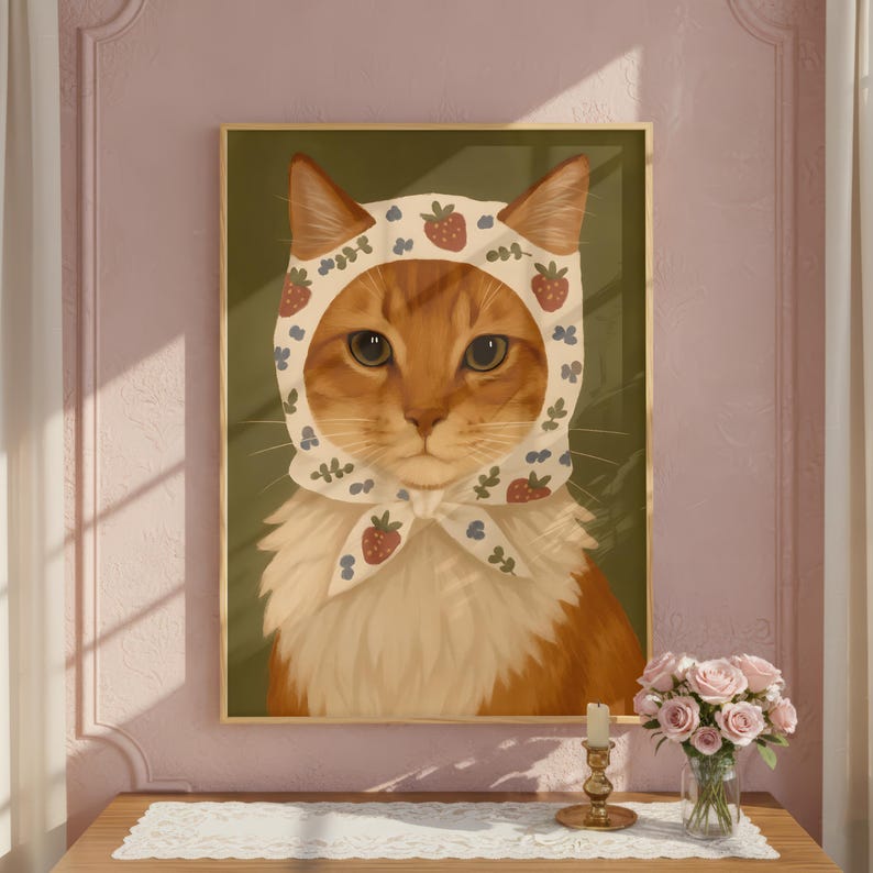 Orange Tabby Cat Wall Art Print, Strawberry Scarf Illustration ...