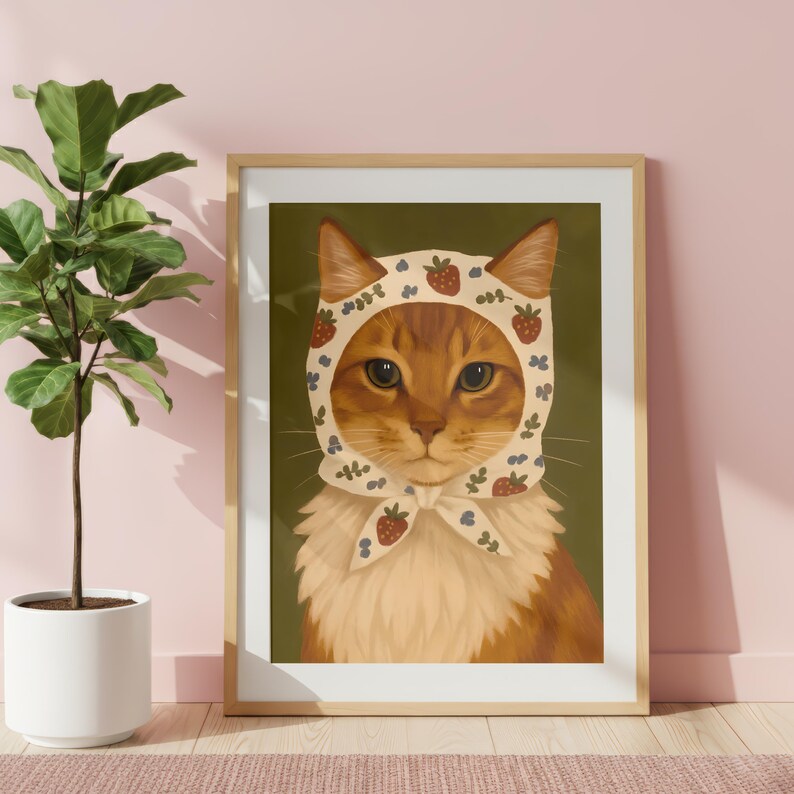 Orange Tabby Cat Wall Art Print, Strawberry Scarf Illustration ...
