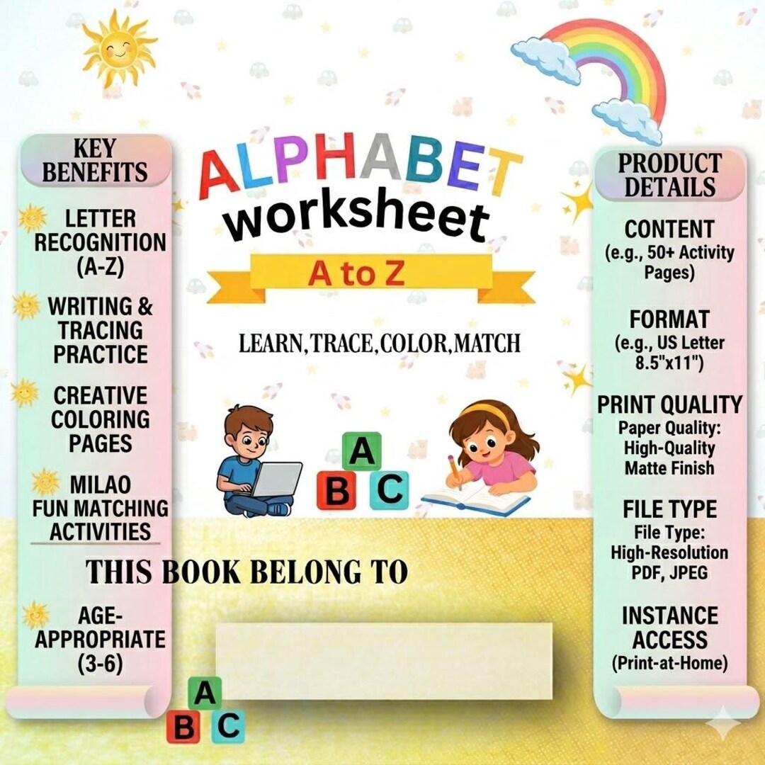 Alphabet Worksheet for Kids | Learn, Trace, Color & Match | A to Z ...