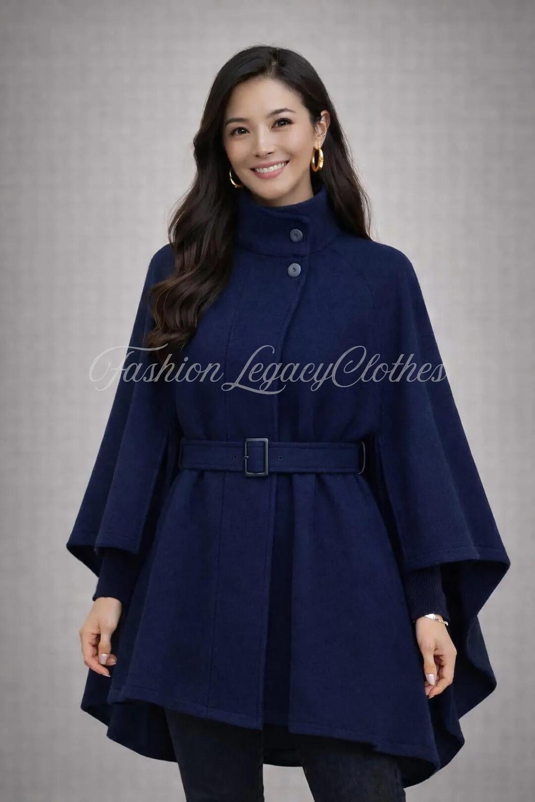 Navy Blue Wool Blend Belted Cape Coat, Elegant High Neck Winter Jacket ...