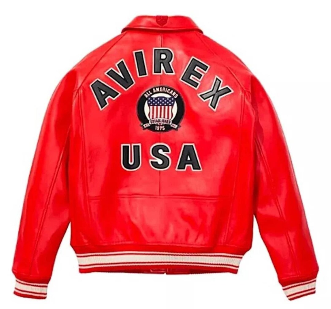 Men’s Red Avirex Real Varsity Bomber Jacket | Genuine Leather American ...